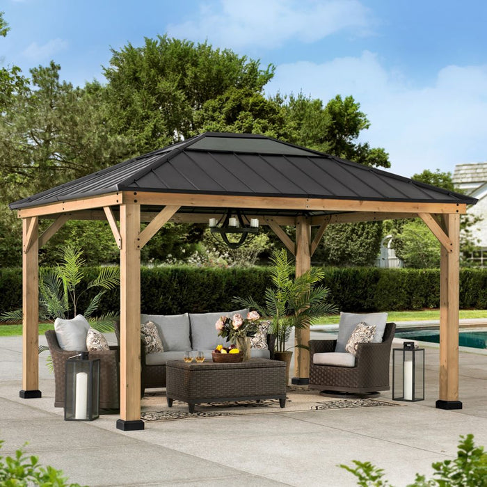 11x13 Cedar Wood Gazebo Kit with Skylight Roof & Hook - SUNJOY