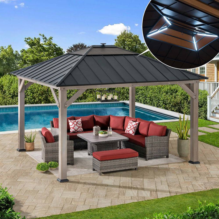 11x13 Wooden Gazebo with Solar Panel & Led Lights - SUNJOY