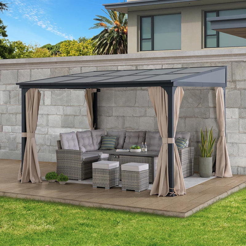 10x12 Wall Mounted Gazebo with Polycarbonate Roof and Curtains - SUNJOY