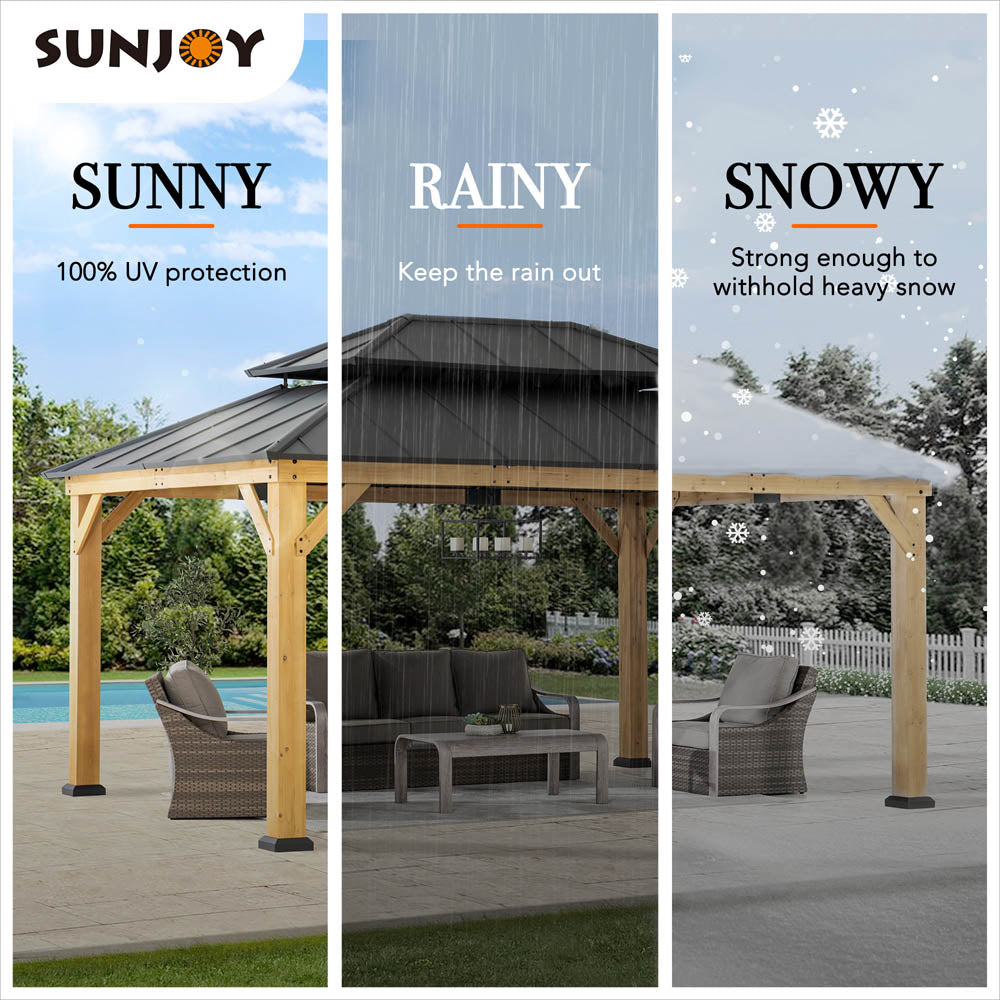 Sunjoy 12x16 ft. Wood Gazebo, Outdoor Patio Steel Hardtop Gazebo, Cedar ...